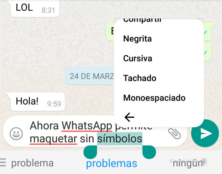 Cómo subrayar o tachar, poner negrita o cursiva en WhatsApp