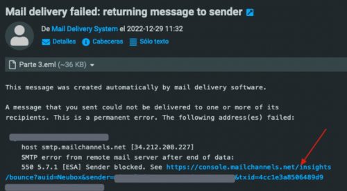 Solución: "Mail delivery failed returning message to sender"