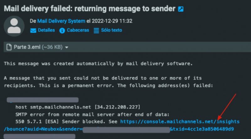 Solución: "Mail delivery failed returning message to sender"